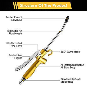 High Volume Industrial Air Blow Gun with Rubber Guard Air Flow Nozzle, Professional Gold Paint Metal Air Blower Gun, Pneumatic Dust Cleaning Tool for Air Compressor Accessories