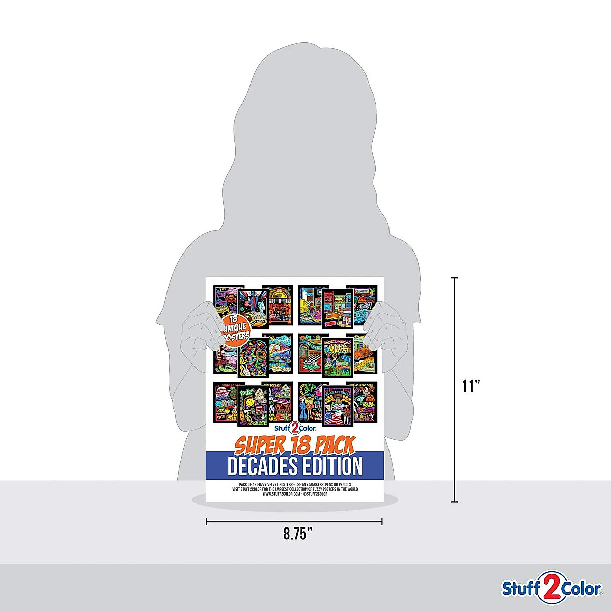 Stuff2Color Super Pack of 18 Fuzzy Velvet Coloring Posters (Decades Edition: 50's, 60's, 70's) - Great for Family Time, Arts & Crafts, Travel, At Home, Care Facilities [All Ages Coloring: Girls, Boys, Adults, Toddlers, Teens]