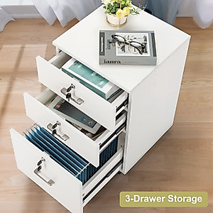 Bonnlo 26" H 3 Drawer File Cabinet with Lock, Rolling File Cabinet Under Desk, Mobile File Cabinets for Home Office, Wood White File Cabinet Printer Stand for Letter Size Hanging/Manila File Folders