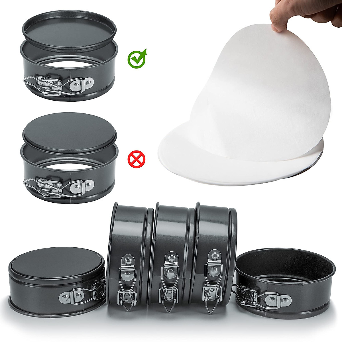 ZETEMC 4.5 Inch Mini Springform Pan, Set of 5 With 100pcs Wax Paper, Small Nonstick Cake Pan for Mini Cheesecakes, Pizzas and Quiches