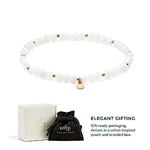 MORGAN & PAIGE 18K Yellow Gold Plated and Genuine Moonstone Gemstone Bronze Accents Beaded Stretch Bracelet, 6.5"