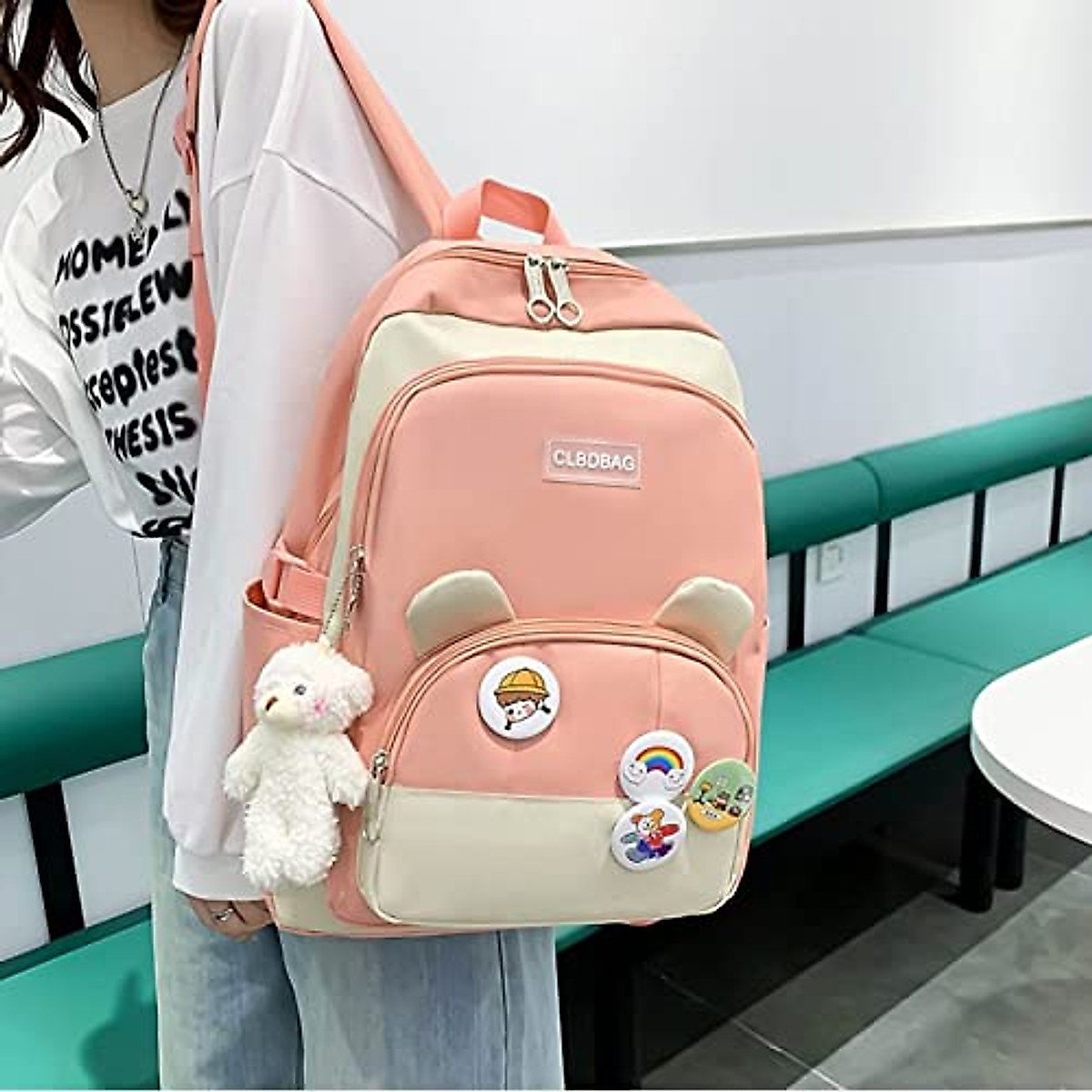 AONUOWE Kawaii Backpack Combo Set with Bear Pendant Shoulder Bag Pencil Case Teenager College Student Schoolbag Aesthetic Bookbag (Pink)