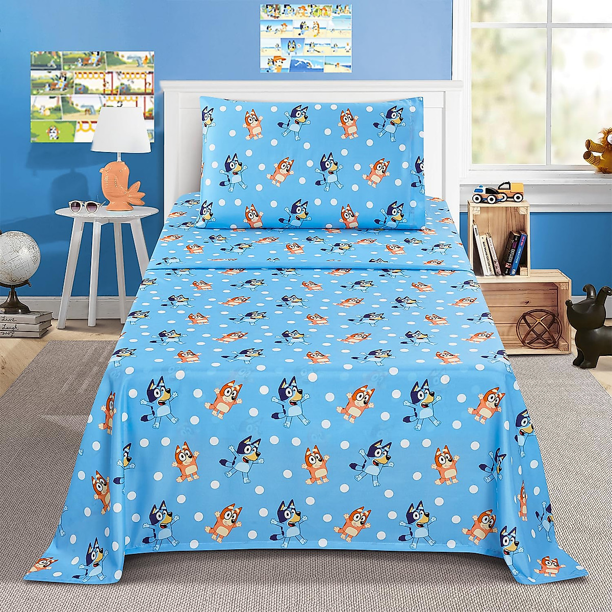 Bluey Bedding Set Twin Bed - Bundle with Bluey Room Decor with Bedspread, Flat Sheet, Fitted Sheet, Pillowcase for Twin Bed Plus Bluey Posters, Stickers, More | Bluey Bedroom Decor for Boys, Girls