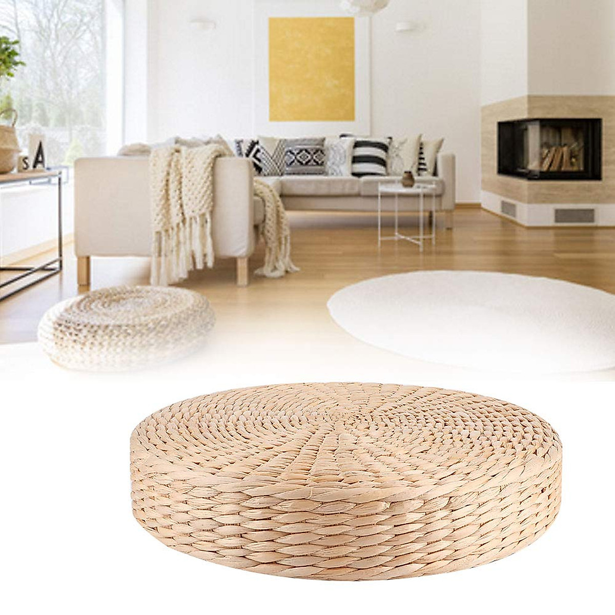 Liyeehao Japanese Seat Cushion, Handcrafted Eco-Friendly Breathable Padded Round Pouf Tatami Chair Pad Knitted Straw Flat Seat Cushion for Tatami Zen Yoga Tea Ceremony Decoration