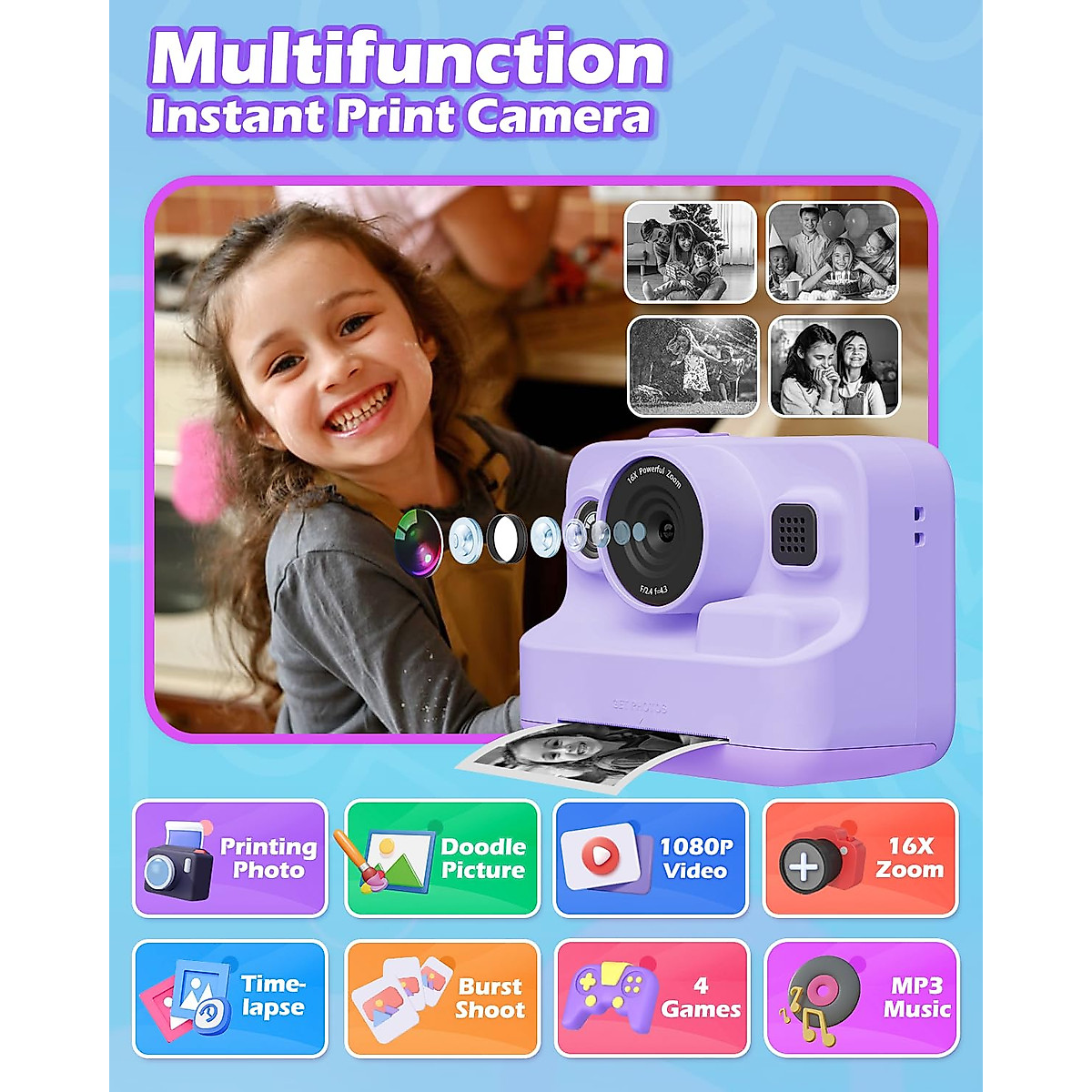 Anchioo Kids Digital Camera with 1080P Video, IPS Screen, 32GB SD Card - Christmas Gift, Age 3-12