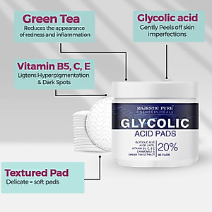 MAJESTIC PURE Glycolic Acid Pads for Face & Body - 20% Resurfacing Exfoliating Pads with Vitamin C,E,B5,AloeJuice, GreenTea & Rosemary Oil - For Skin Tone, Acne, Fine Lines & Dark Spots - Peel Pads 60