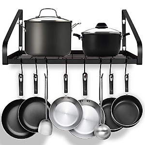 G-TING Hanging Pot Rack, Pot and Pan Organizer Wall Mounted Pots Holder Kitchen Storage Shelf with 8 Hooks, Ideal for Pans Set, Utensils, Cookware, Books, Household, Black, 2 DIY Methods