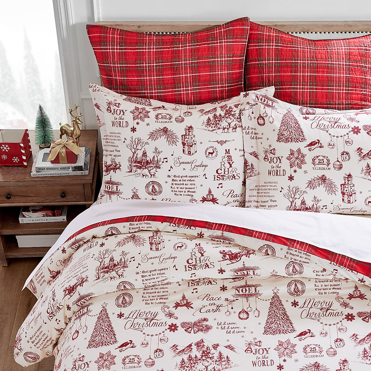 Levtex Home - Yuletide Duvet Cover Set - King Holiday Duvet Cover 106x94 and Two King Pillow Cases 20x36 - Christmas Holiday Script - Red and Cream - Cotton