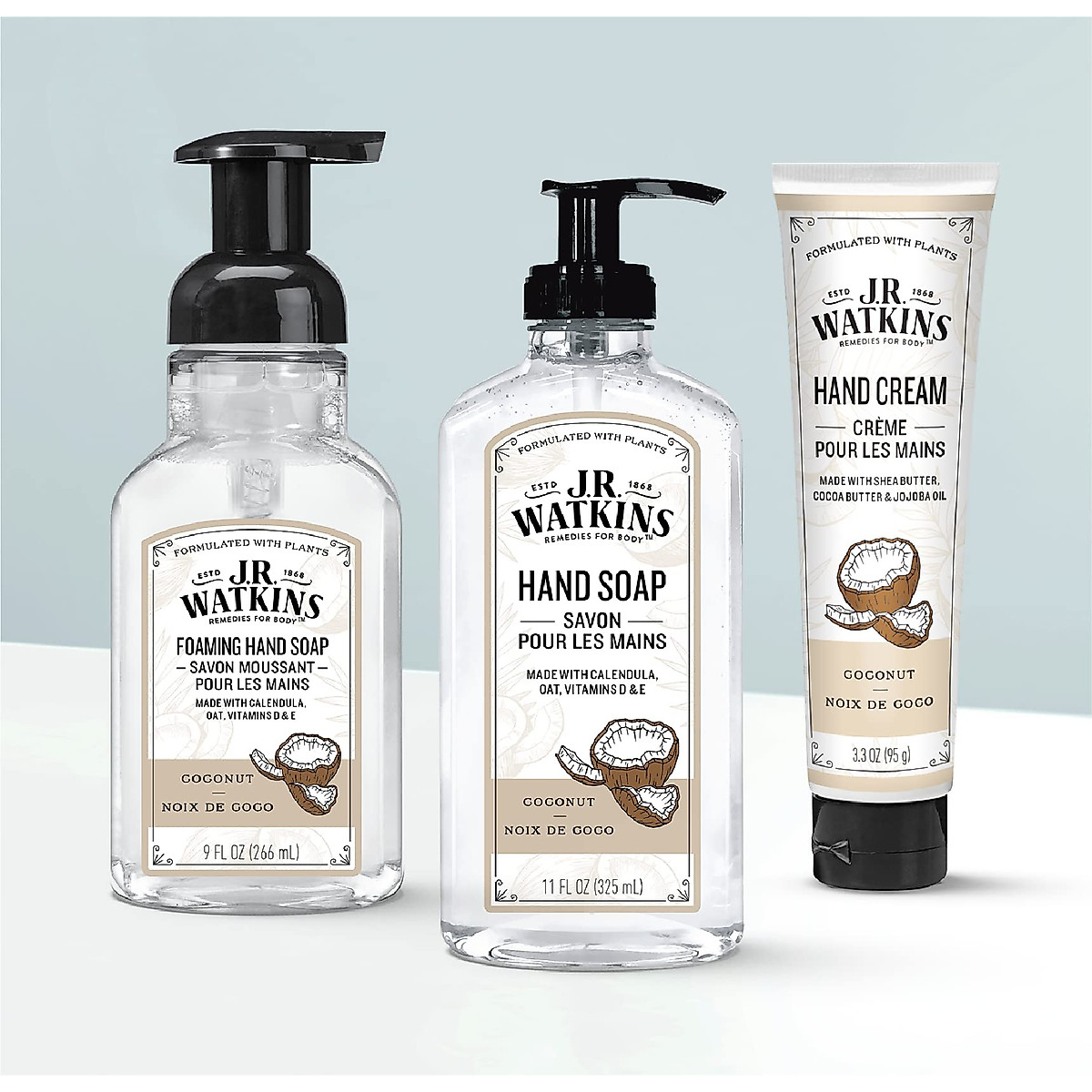 J.R. Watkins Foaming Hand Soap Pump with Dispenser, Moisturizing All Natural Hand Soap Foam, Alcohol-Free Hand Wash, Cruelty-Free, Use as Kitchen or Bathroom Soap, Coconut, 9 fl oz, 3 Pack