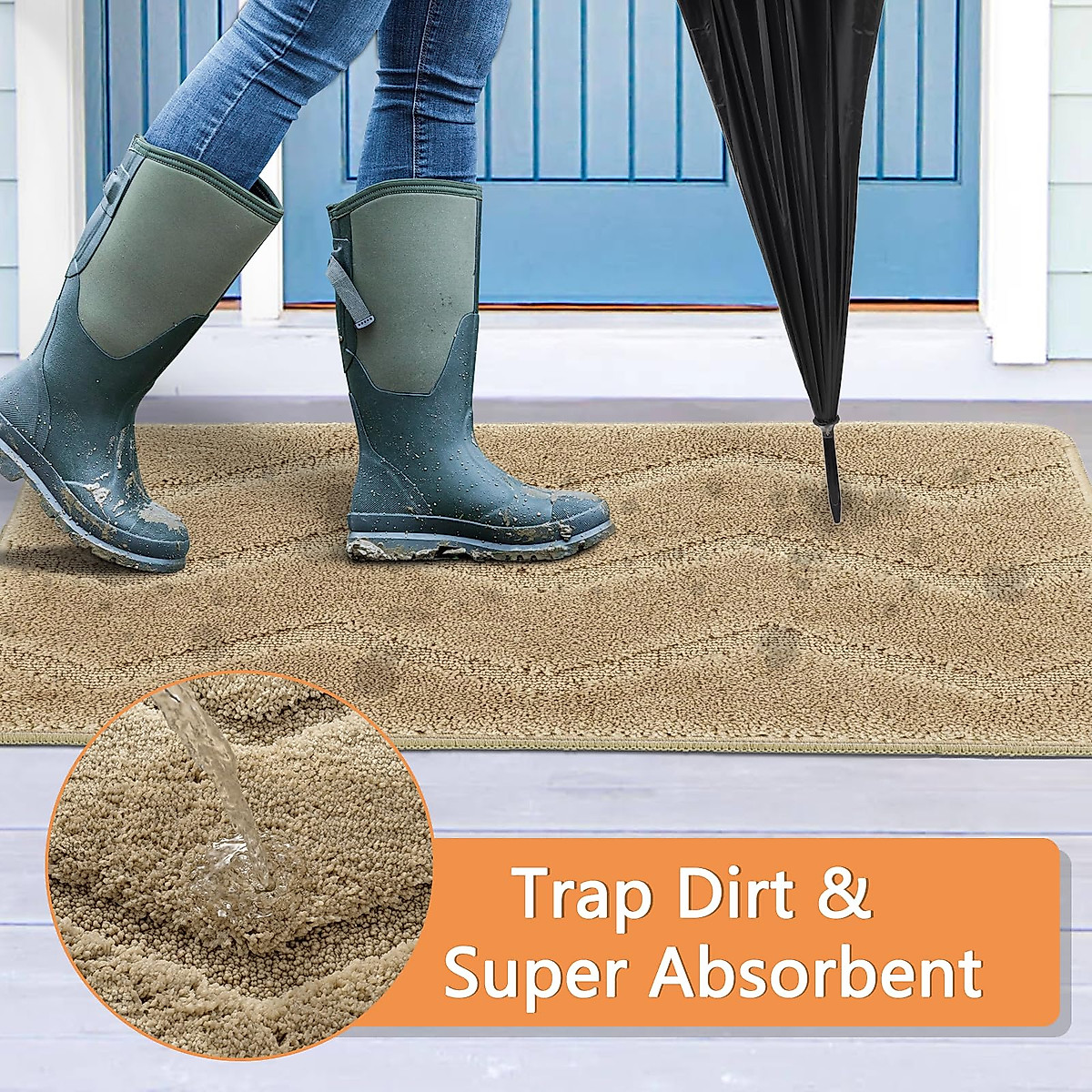 CHICHIC Dirt Trapping Indoors Door Mat 24" x 36", Entry Rugs, Non-Slip Entrance Rugs, Machines Washable Floor Mats, Dog Door Mat, Super Absorbent Mat for Front & Back Door, Shoes Scraper, Khaki