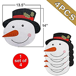 OWENIE Christmas Placemats Set of 4, Xmas White Snowman Round Place mats for Holiday Kitchen Dining Table, Burlap Embroidered Doilies with Red and Green for Kids, Xmas, Parties, Machine Washable