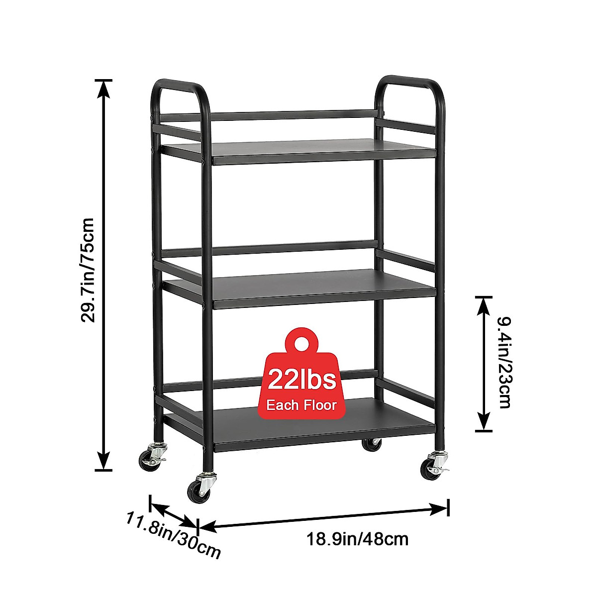 HDANI 3 Tier Rolling Cart Shelves,Heavy Duty Multifunctional Metal Frame-Supports 40 Lbs Per Tier,Rolling Cart with 2 Lockable Wheels for Home,Office,Kitchen,Bathroom,Bedroom (Black)