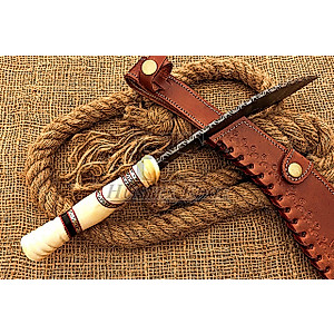 HUNTEX Unique Custom Handmade Hand Forged Damascus Steel 15 Inch Long Full Tang Camel Bone Handle Razor Sharp Hunting Camping Kukri Knife with Genuine Leather Sheath