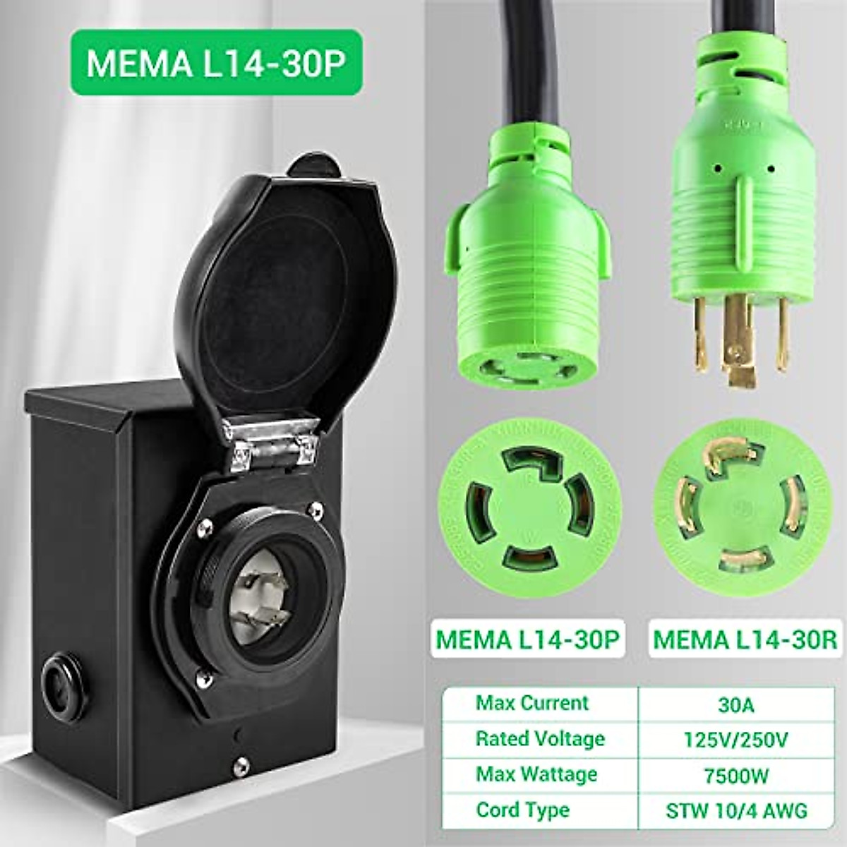 30 Amp Generator Cord and Power Inlet Box, 15FT 4 Prong NEMA L14-30P/L14-30R, 125/250V 7500W, STW 10/4 AWG Generator Extension Cord for Outdoor Use, Waterproof, ETL Listed