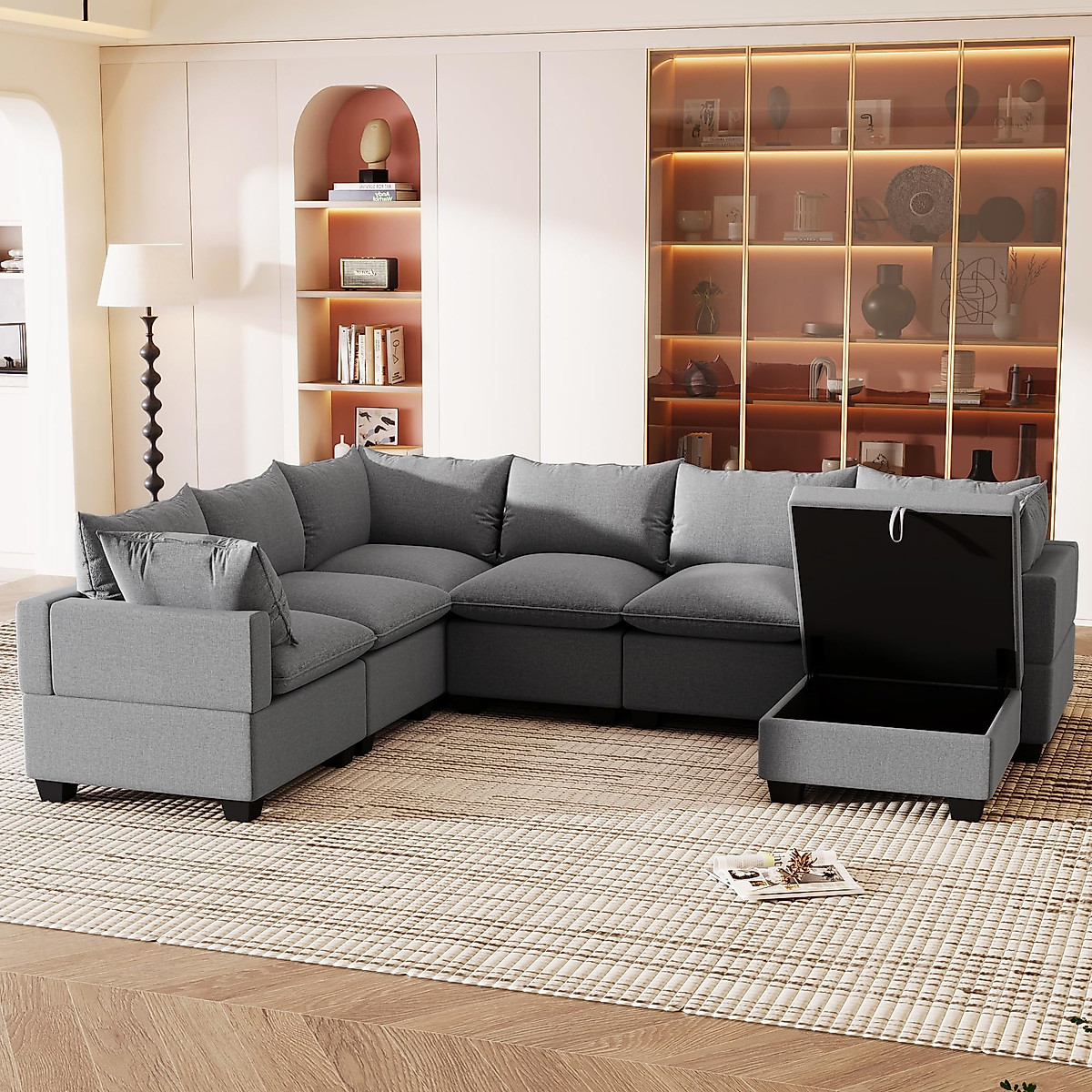 KIVENJAJA Oversized Modular Sectional Couch, Linen Fabric 7 Seater U Shaped Sofa Set with Storage Ottoman & Loose Back Cushions, Living Room Furniture Set, 118”W, Grey