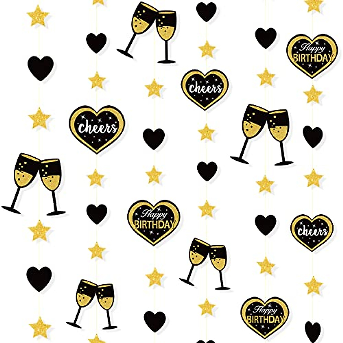 52Ft Black Gold Happy Birthday Decorations Happy Birthday Hearts and Wine Glass Star Garland Hanging Bunting Banner Streamers Backdrop for Women Mens 30th 40th 50th 60th 70th Birthday Party Supplies