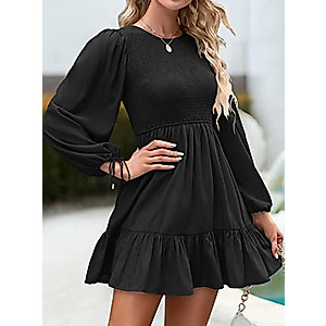 ZESICA Women's Long Sleeve Smocked Dress Spring Casual Crew Neck Tiered Swing Cocktail Wedding Party Mini Dresses,Black,Medium