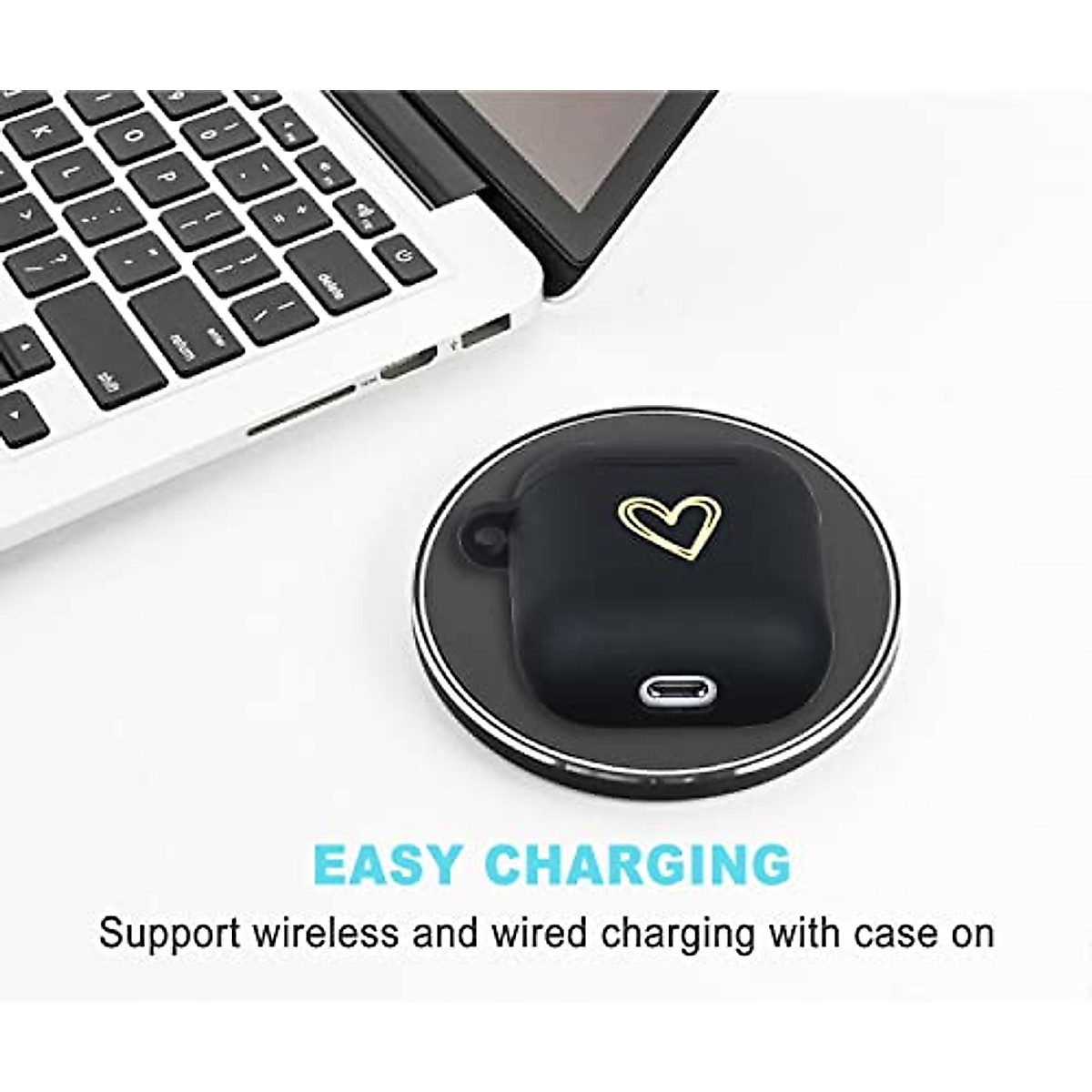 Wonjury AirPods Case Soft TPU Gold Heart Pattern Cute with Keychain Shockproof Cover Case for Girls Woman Apple Airpods 2 &1 - Black