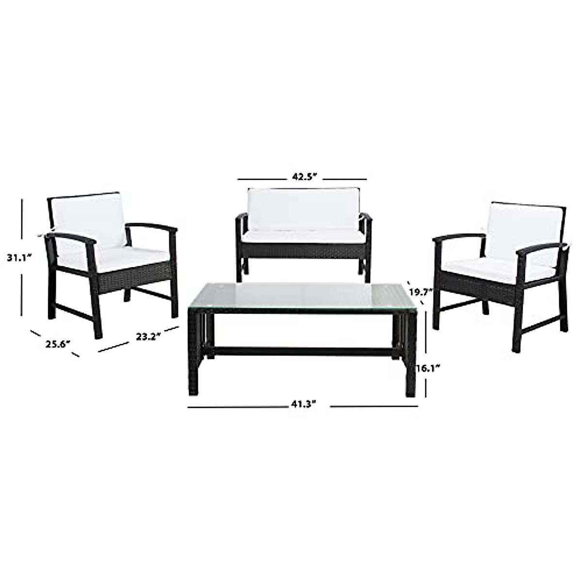 SAFAVIEH Outdoor Collection Krissy Wicker Cushion 4-Piece Living Set PAT7711A, Black/White