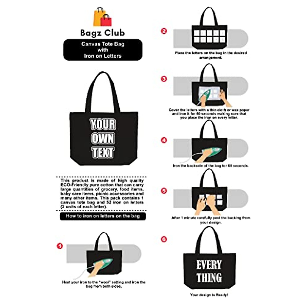 Bagz Club Canvas Tote Bag with 52 Iron on Letters for Customization White