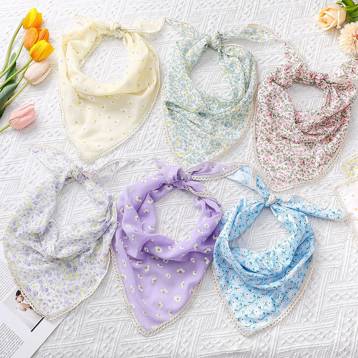 Kinlop 8 Pcs Floral Hair Bandanas Headband Triangle Boho Hair Scarf Headband Floral Printed Chiffon Head Kerchief Floral Hair Kerchief for Women Hair Scarves Accessories(Novel Style)