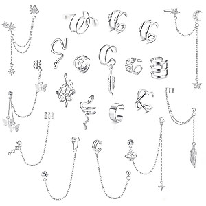 FUNRUN JEWELRY 20 Pcs Ear Cuff Earrings for Women Cuff Chain Earrings Helix Cartilage Cuff Wrap Earring Non Piercing Earring Jewelry(Silver)