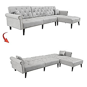 NOSGA Sofa Bed, Velvet Sectional Couch Convertible 115 L-Shape Sofa Bed Sleeper Reversible Chaise with 2 Pillows Adjustable Back for Living Room and Small Space (Gray)