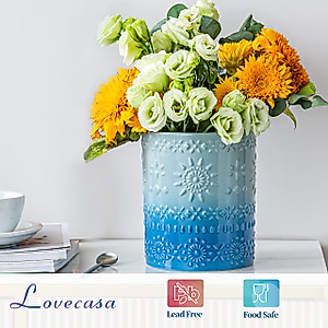 LOVECASA 13 OZ Soup Bowls with Handles Set of 6 Bundle 7.4" Extra Large Ceramic Utensil Holder, Blue