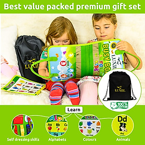 LUXIIL Busy Board Montessori Toys for Toddlers 3in1 Gifts for 1 2 3 4 5 Year Old Boys & Girls, Preschool Sensory Activity Boards Travel Boards Learning Basic Dress Skills Toys for Plane & Car (Green)