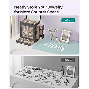 SONGMICS Jewelry Box with Glass Window, 5-Layer Jewelry Organizer with 3 Side Drawers, Jewelry Storage, with Big Mirror, Modern, 6.1 x 10.3 x 12.6 Inches, Slate Gray and Metallic Gold UJBC162G01