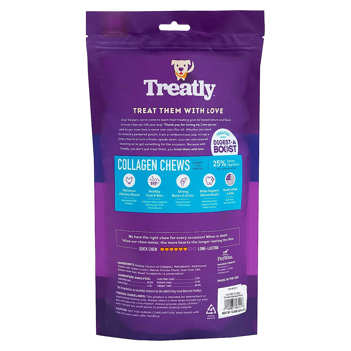 Treatly USA Collagen Rolls 6-7" Dog Chew Treats - Chicken Marinade Flavor, 4 Count/1 Pack