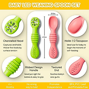 Baby Spoons Silicone Baby Led Weaning Feeding Spoon Set with Baby Fruit Feeder Pacifier Fresh Food Feeder (2 Count) - Baby Teething Toys Teether, Mash and Serve Bowl, Baby Feeding Set First Stage