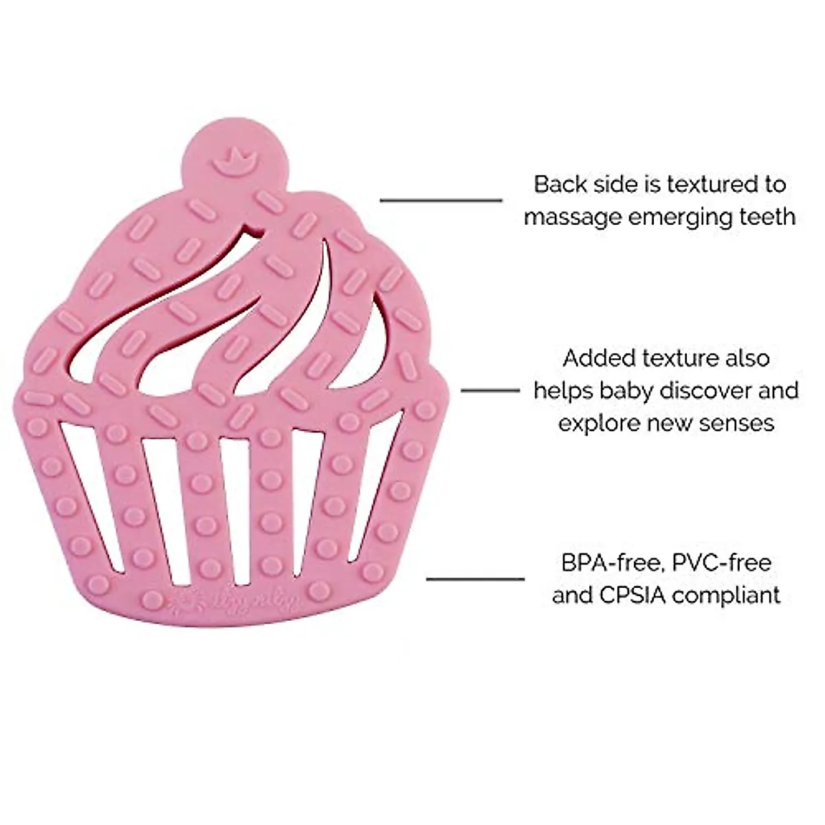 Itzy Ritzy Silicone Baby Teether – BPA-Free Infant Teether with Easy-to-Hold Design & Textured Back Side to Massage & Soothe Sore, Swollen Gums - Teething Toy for 3 Months & Up - Cupcake
