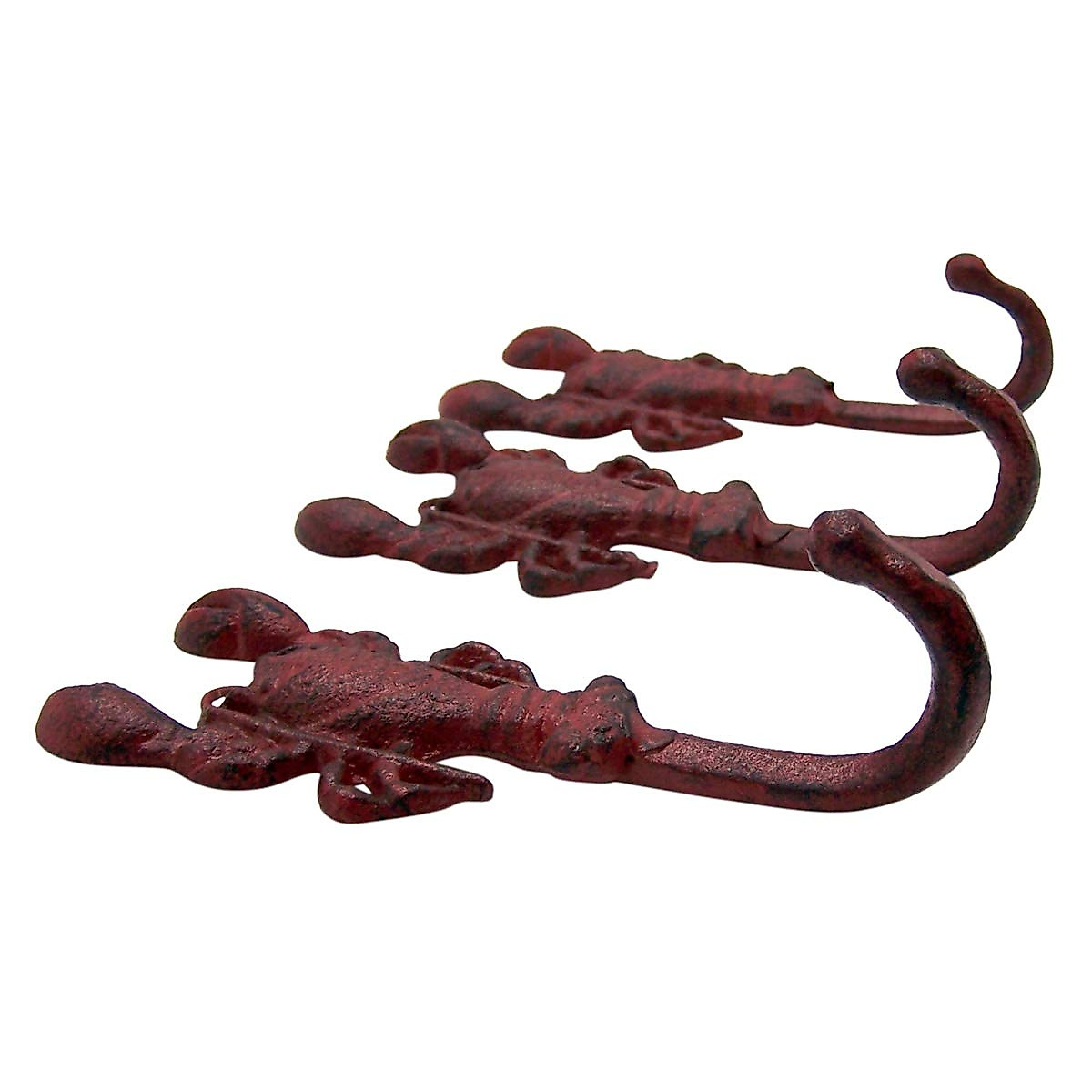 Rustic Red Cast Iron Lobster Wall Hooks, Set of 3, 5 3/4 Inch