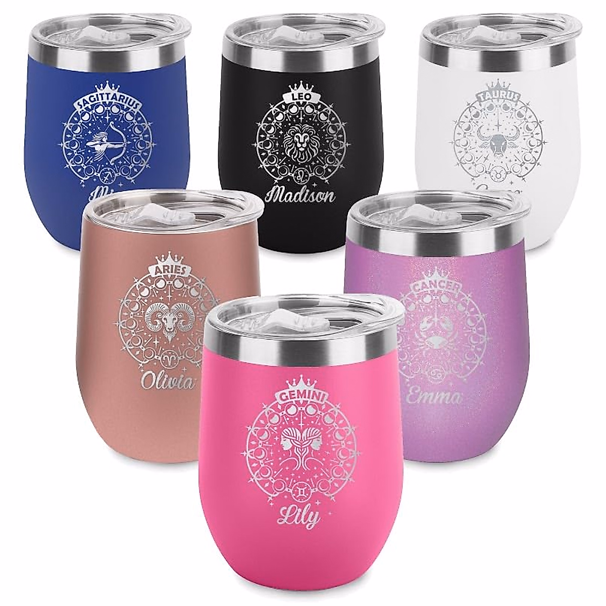 Custom Your Name Astrology Sign Zodiac Constellation Engraved Insulated Stainless Steel Wine Tumbler with Lid 12 oz. Personalized Horoscope Birthday Gift for Her