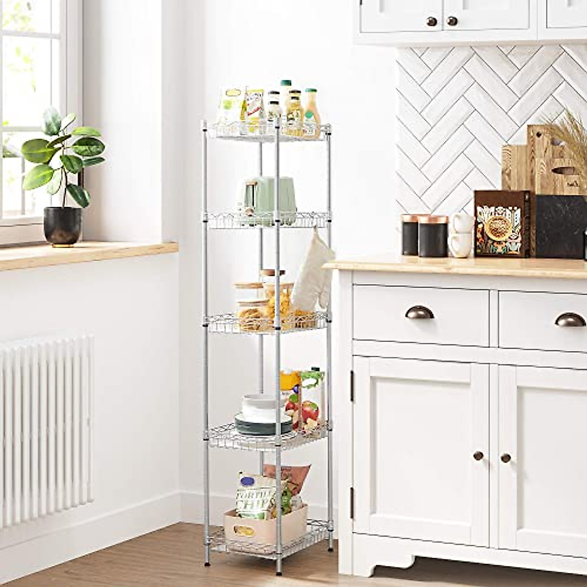 SONGMICS Metal Storage Shelves, 5-Tier Wire Shelving Unit, Kitchen Rack, Adjustable Shelves, 4 Hooks, Shelf Liners, 11.8 x 15.7 x 59.1 Inches, Total Load Capacity 220 lb, for Garage, Silver ULGR105E01