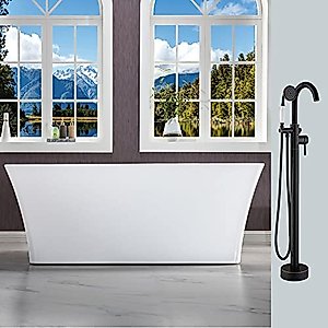 WOODBRIDGE 59"Freestanding White Acylic Soaking Bathtub with Drain Kit and Floor Mount Tub Filler in ORB,BTA1509 -ORB-Drain &O+F0010ORBVT