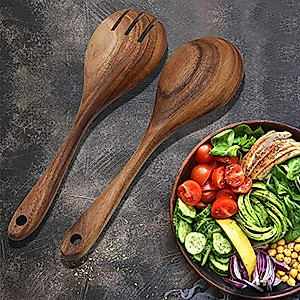Salad Servers, Salad Tongs, 10.2in Salad Spoon and Fork Set, Durable Wood Salad Mixing Dinner Fork and Spoon Long Handle Salad Server Set