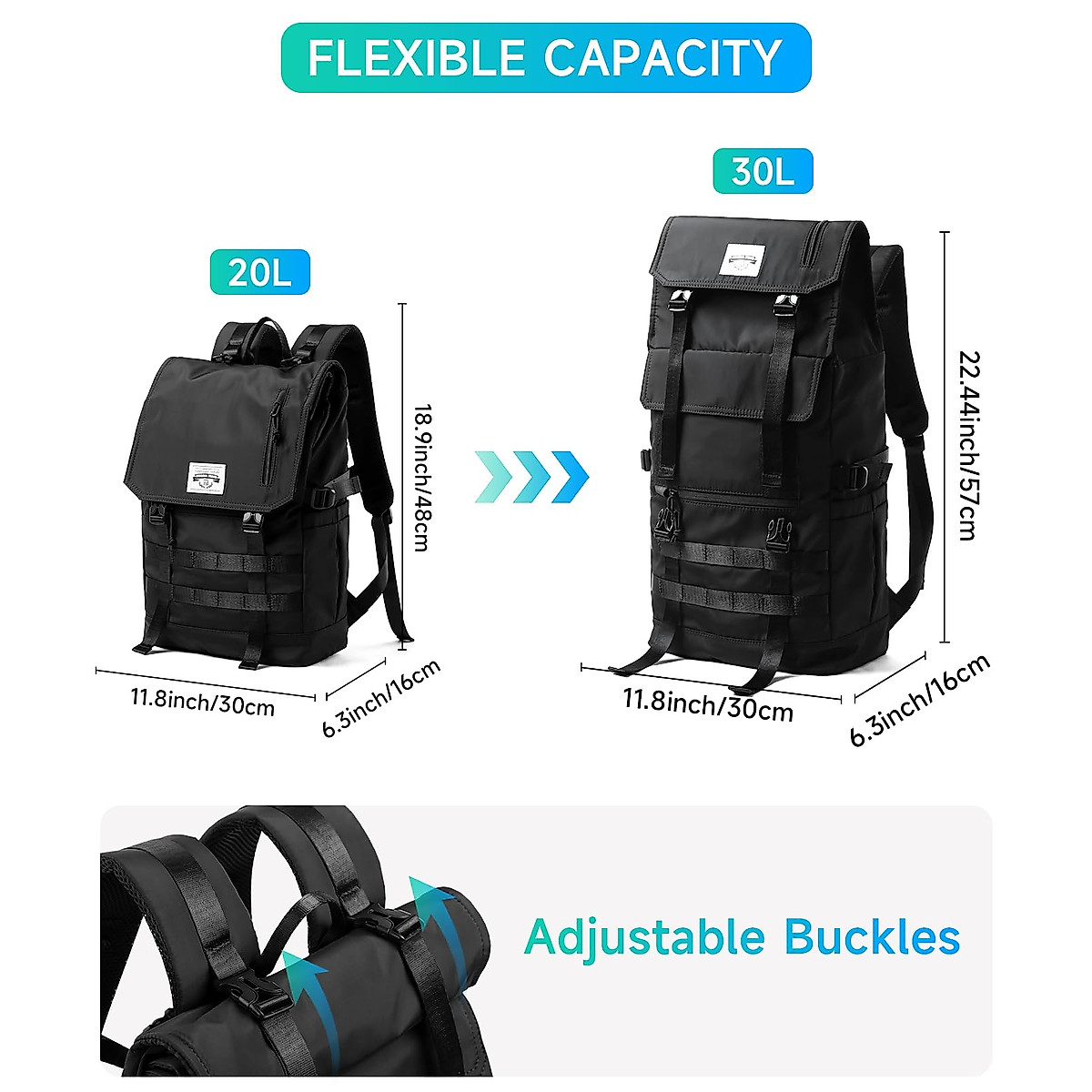 MOYYI Rolltop Backpack for Men Flap Rucksack Expandable Fits 17 inch Laptop Roll Top Backpack for Commute Travel Hiking Urban Black (3 in 1)