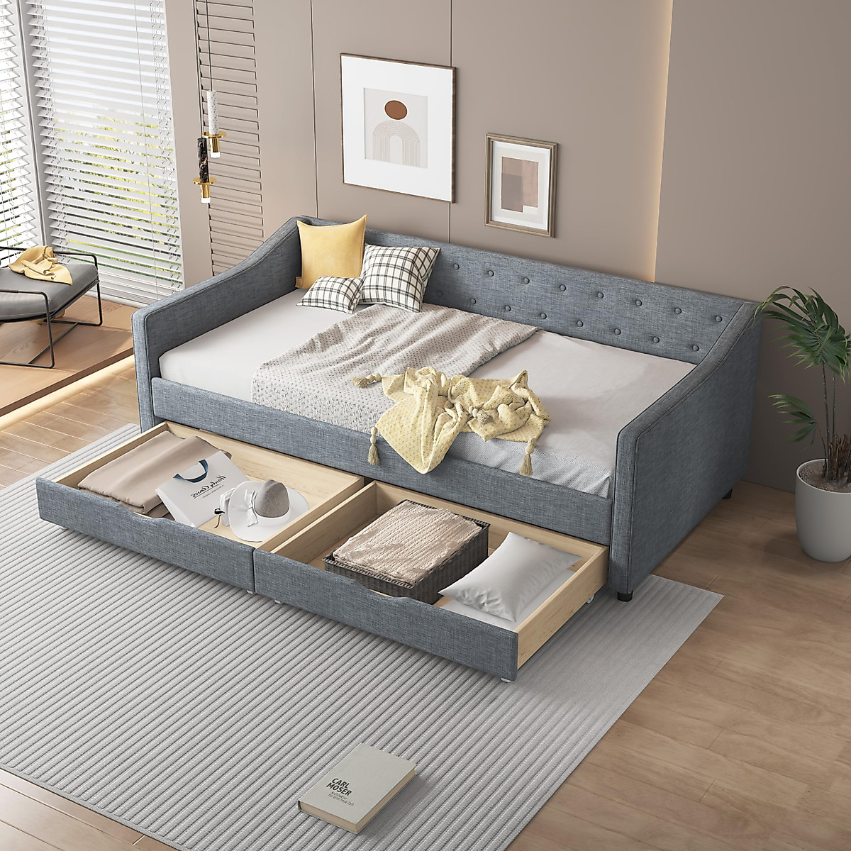 Jintop Twin Size Upholstered Daybed with 2 Drawers and Button Tufted Back,Elegant Wood Storage Sofa Bed Frame w/Waved Shape Arms,Slat Support,for Apartment,Bedroom,Light Grey