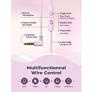 iClever HS19 Kids Headphones with Microphone for School, Volume Limiter 85/94dB, Over-Ear Girls Boys Headphones for Kids with Shareport, Foldable Wired Headphones for iPad/Travel (Pink)