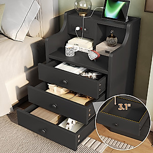 Tiptiper Black Nightstand with Charging Station 3 Drawers, Wood Sofa End Side Table with USB Ports and Outlet, Bedside Table Bedroom Nightstand with Sliding Drawer & Hutch