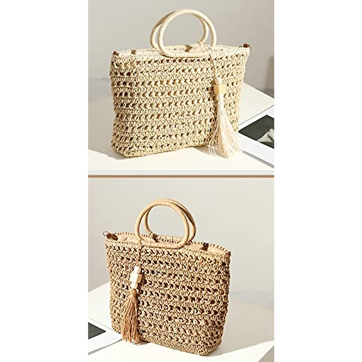 Straw Woven Handbag for Women Lightweight Casual Straw Crossbody Bag Purse Handmade Straw Tote with Tassel