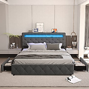 HOMFAMILIA Queen Bed Frame with Headboard and Drawers, LED Bed Frame with Adjustable Storage & LED Lights Headboard, Upholstered Platform Bed with 2 USB Ports, No Box Spring Needed, Dark Grey