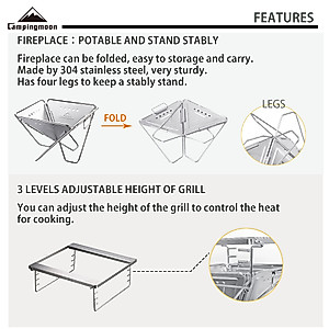 CAMPINGMOON 3-in-1 Portable Stainless Steel Wood Burning Grill and Fire Pit 16x18-inch with Carrying Bag MT-045