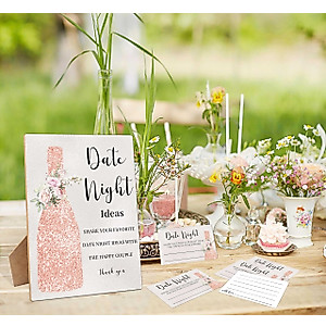 Date Night Ideas for Couples, Bridal Shower Games Date Night Sign, 1 Wooden Sign with 50 Cards, Floral Wishes Advice Game for Wedding, Bachelorette Party Night, Engagement Decoration