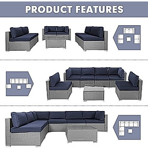 Betterland 7 Piece Outdoor Sectional Sofa Patio Furniture Set, All-Weather PE Grey Wicker Patio Conversation Set with Washable Cushion and Glass Table,Outdoor Propane Heater(Dark Blue Cushions)