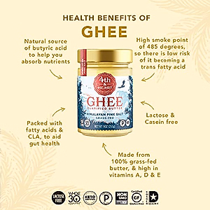 4th & Heart Himalayan Pink Salt Grass-Fed Ghee, 9 Ounce, Keto Pasture Raised, Lactose and Casein Free, Certified Paleo