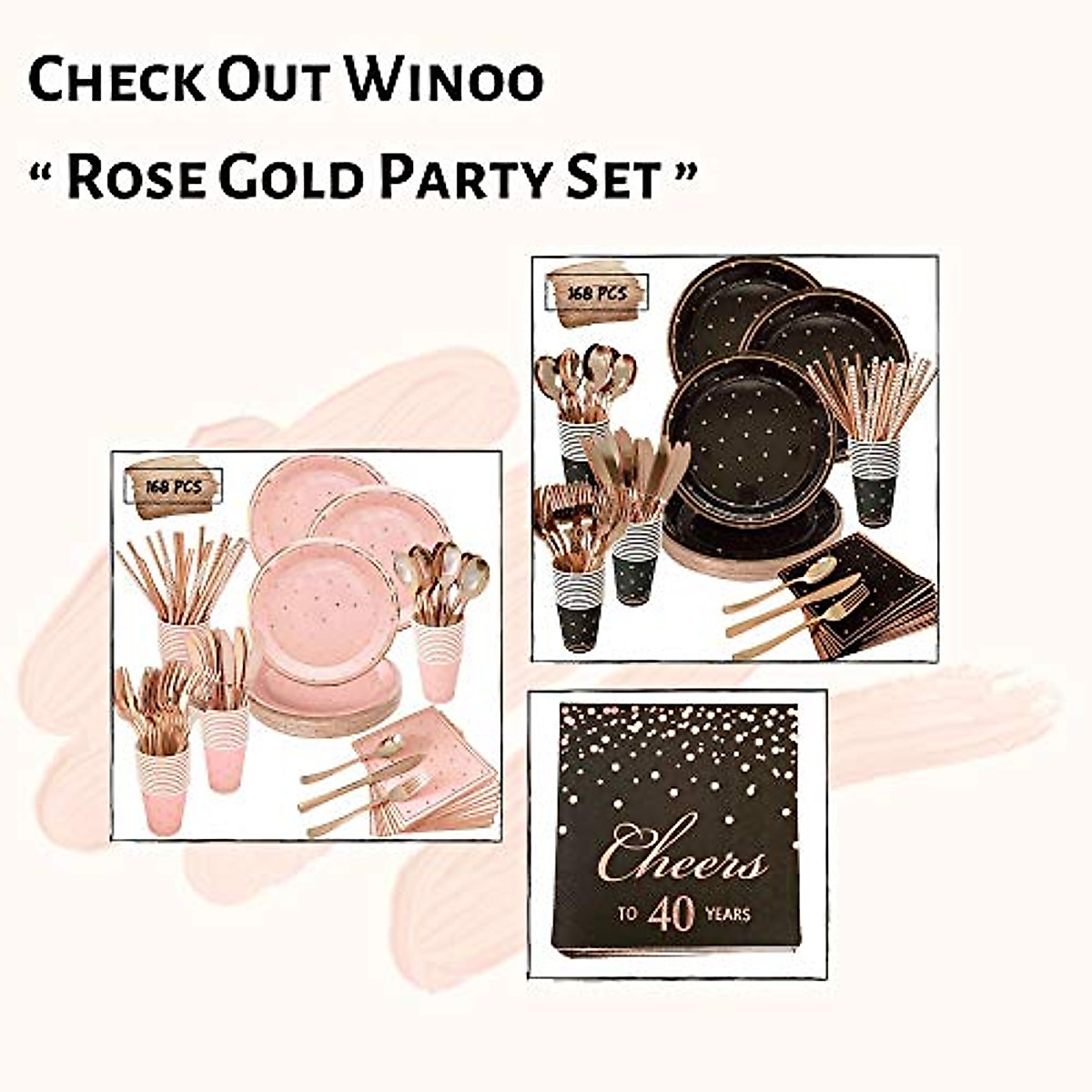 Rose Gold Foil Cocktail Napkins with Cheer 40 Years | Folded 5 x 5 Inches Disposable Party Napkins | 3-Ply Paper Beverage Napkins for 40th Birthday Decorations, Wedding Anniversary, Retirement, Black