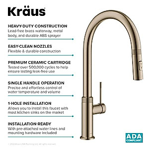 KRAUS Oletto Modern Industrial Pull-Down Single Handle Kitchen Faucet in Brushed Gold, KPF-2654BG
